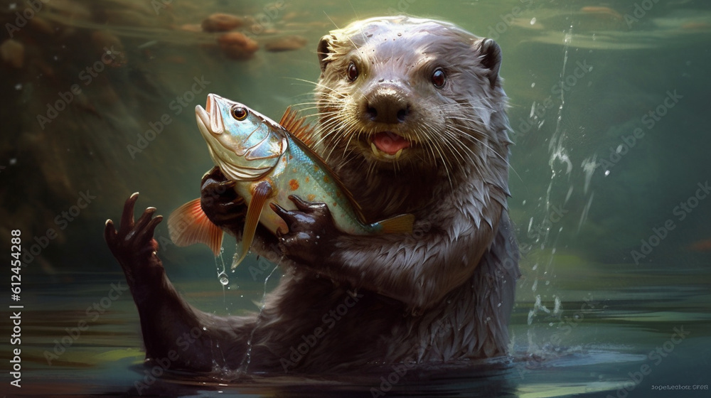 An amusing scene of an otter holding a small fish above its head ...