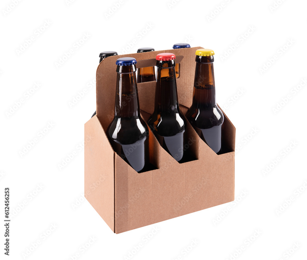 Box, kraft cardboard with craft beer bottles isolated on transparent ...
