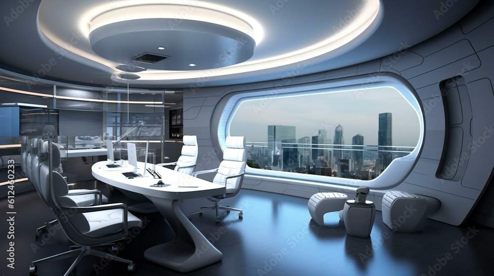Futuristic High-Rise Corporate Boardroom, Curved Architectural Features ...