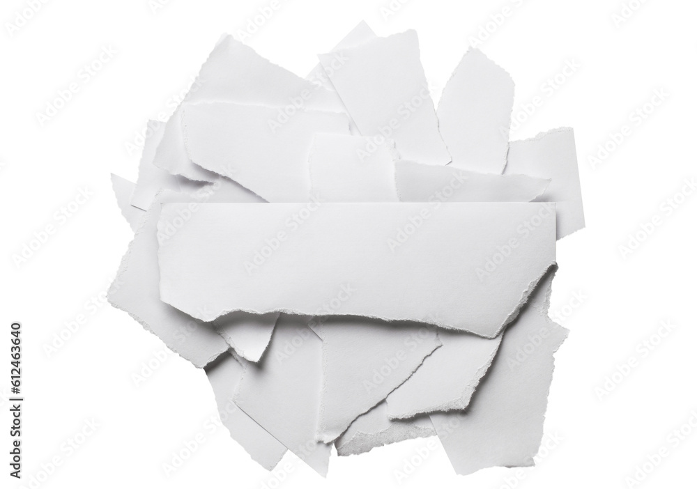Ripped pieces of paper with a blank piece on top for a short text, cut ...