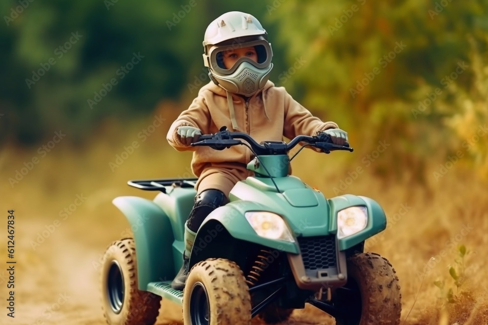 The little girl rides a quad bike. A mini quad bike is a cool girl in a ...