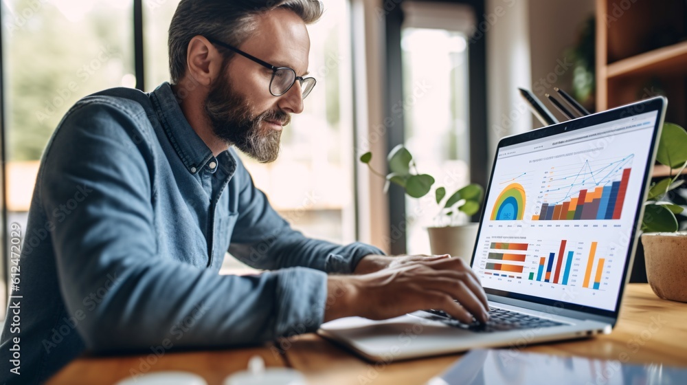 Data analysis to increase sales and revenue. Man sitting with laptop ...