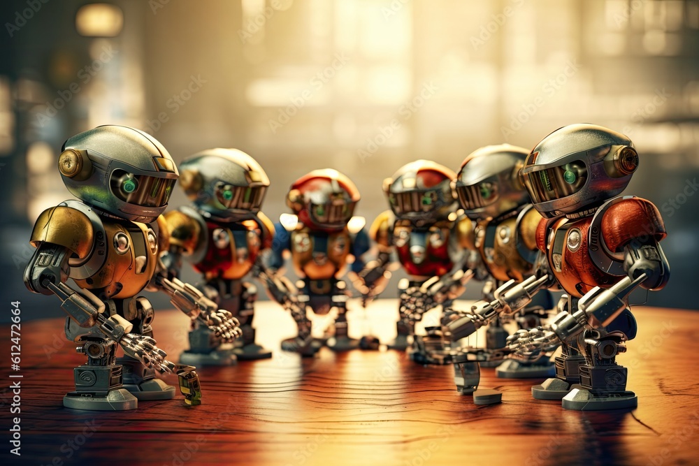 Group of diverse robots working together metallic colors silver, gold ...