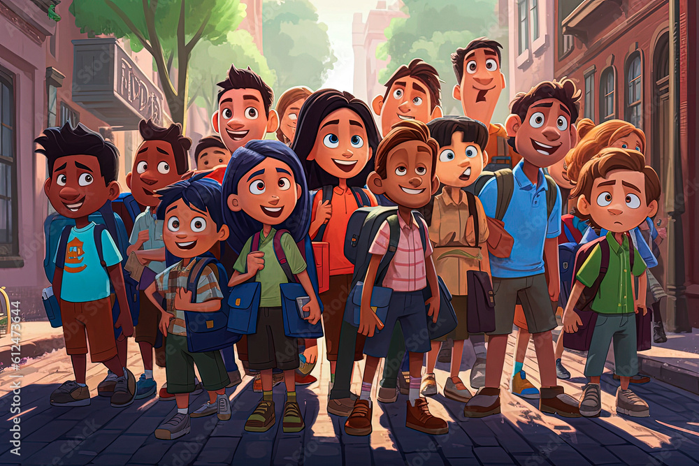 Generative AI illustration of Group of 10 - year - old students at the ...