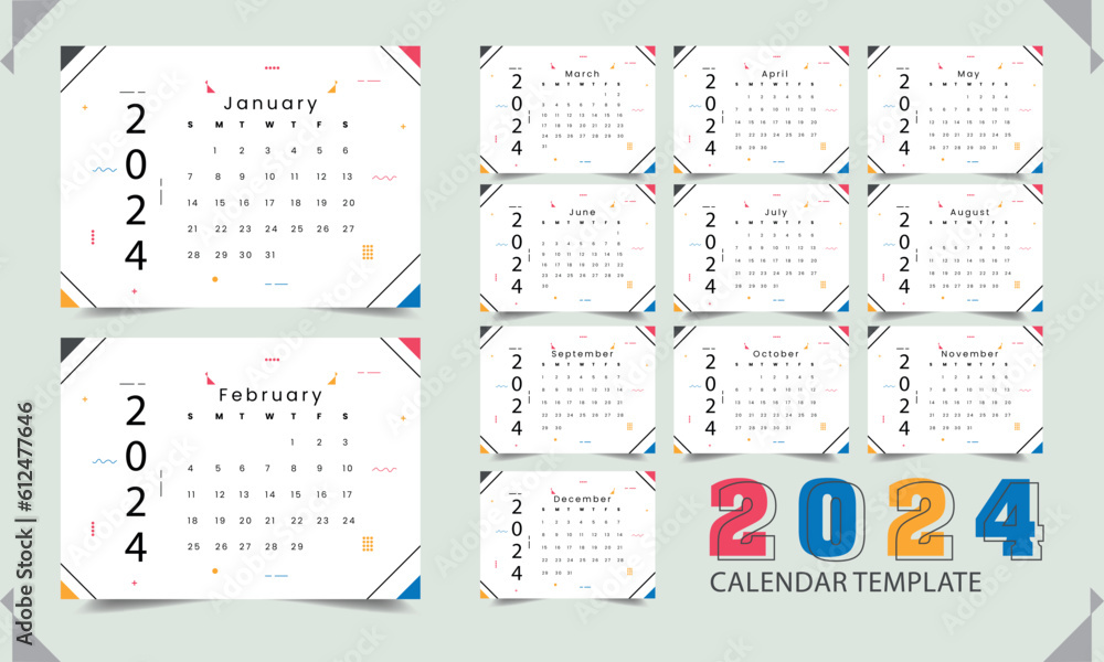 2024 calendar. Cover, set of 12 months pages and page with 2024 ...