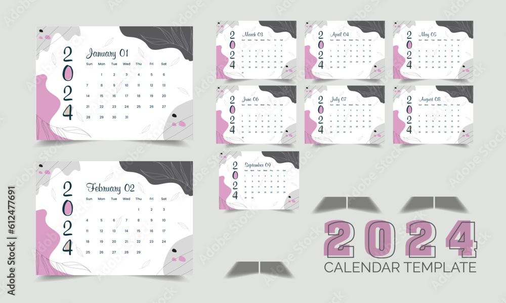 2024 calendar. Cover, set of 12 months pages and page with 2024 ...