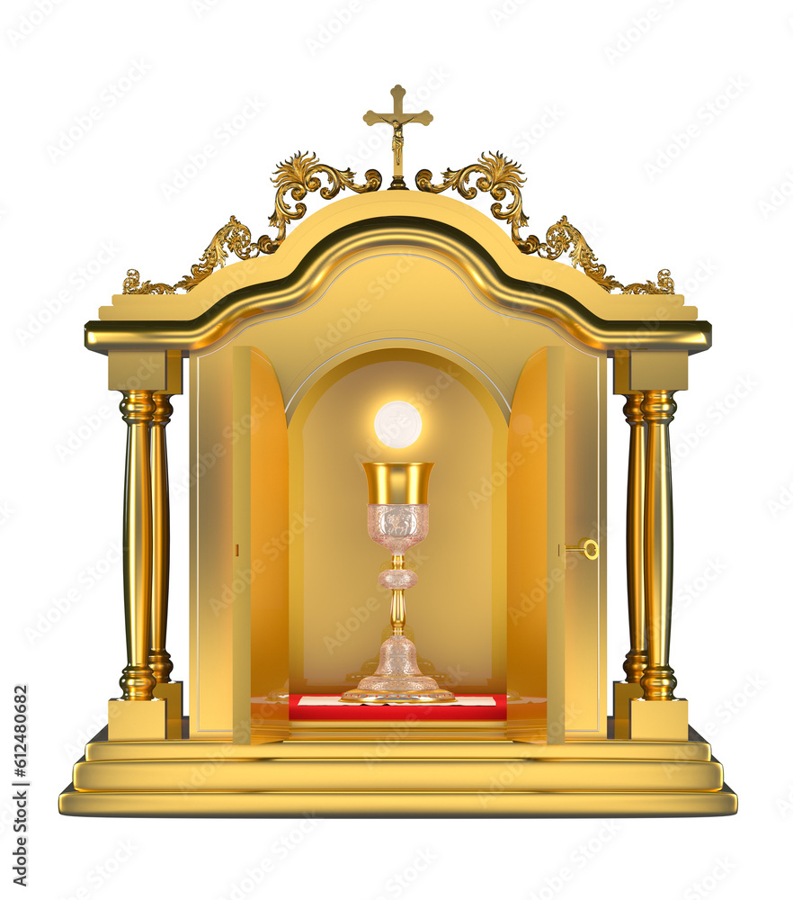 A tabernacle containing the consecrated host and the chalice with the ...