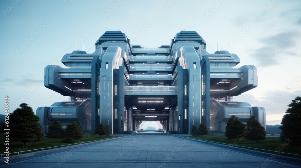 Depict the imposing headquarters of a powerful mega corporation ...