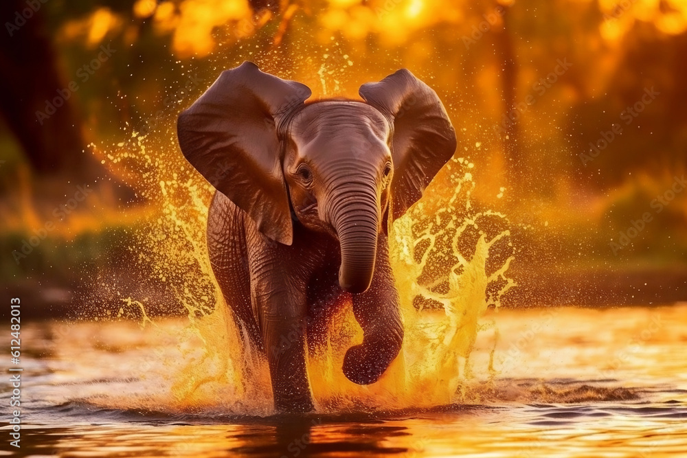 cute baby elephant splashing water pond africa golden hour safari Stock ...