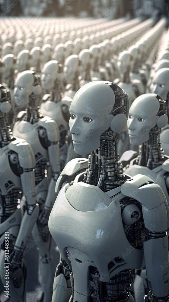 A robot standing in front of a crowd of robotic companions. The futuristic scene showcases ...