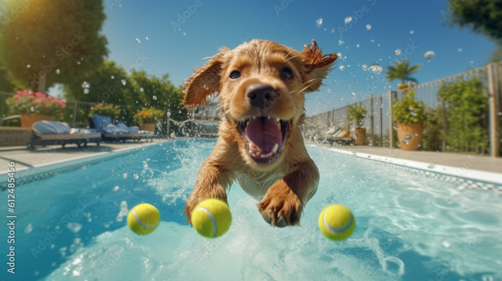 A joyous moment captured as a puppy playfully dives into a pool ...