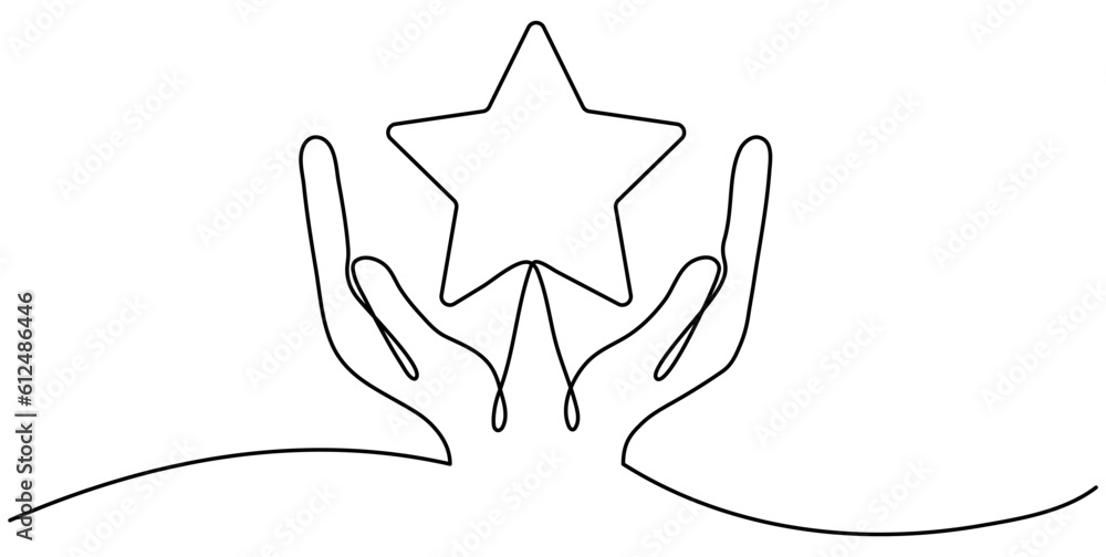 Hands holding star continuous one line drawing. Human arms palms ...