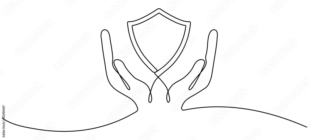 Hands holding shield badge continuous one line drawing. Guard protect ...