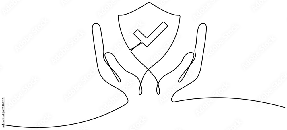 Hands holding shield badge continuous line drawing. Approval check ...