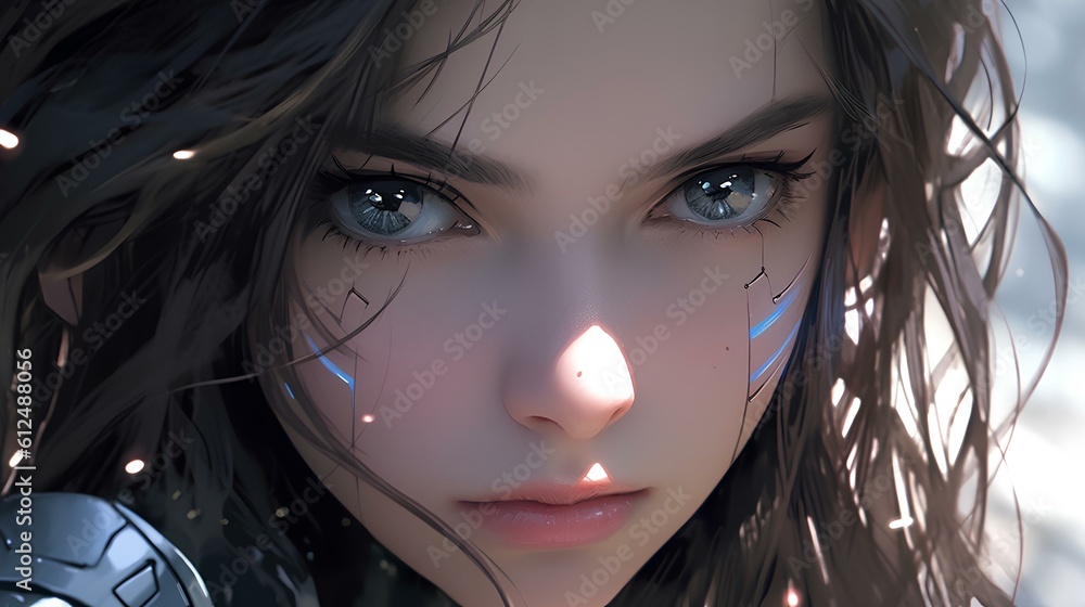 epic female anime cyborg with beautiful human face. japanese animation ...