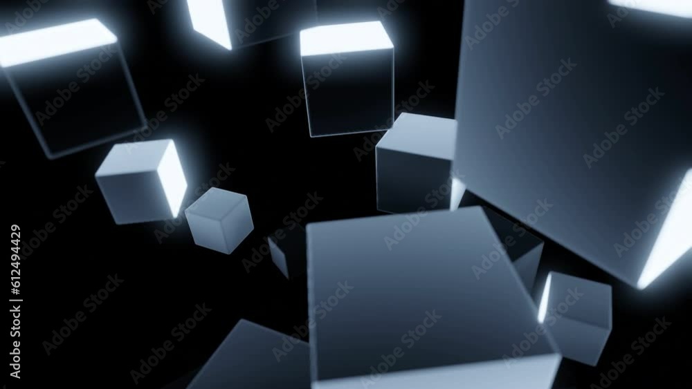 3D cubes rotate in air. Design. Glowing 3d cubes move in space on black ...