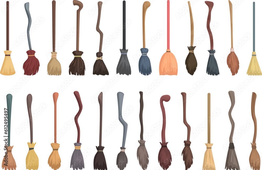 Broomstick icons set cartoon vector. Magic wizard. Wood stick Stock ...
