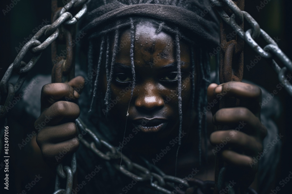 Male prisoner in chain. Slavery concept. Victim chained in captivity ...