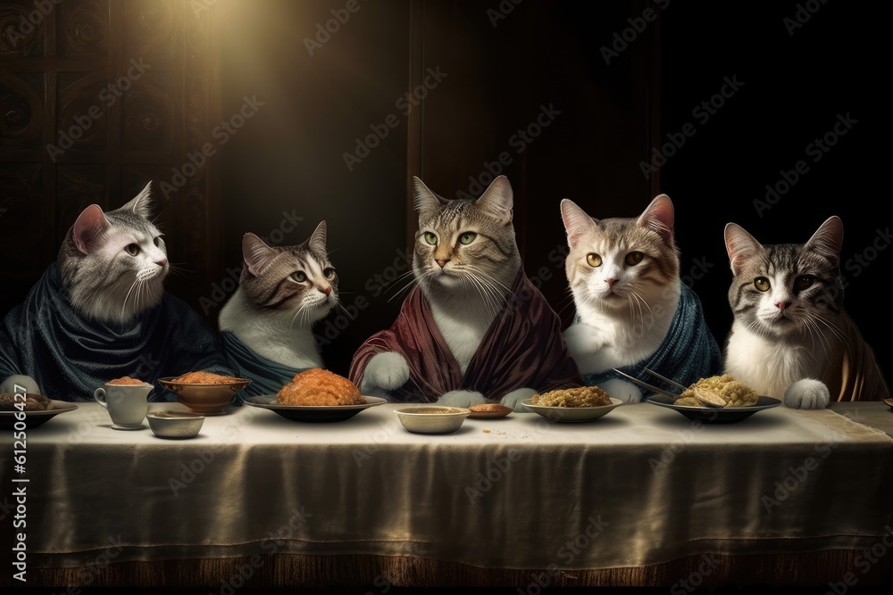 Last supper scene with cats. Funny scene with cats gathered around ...