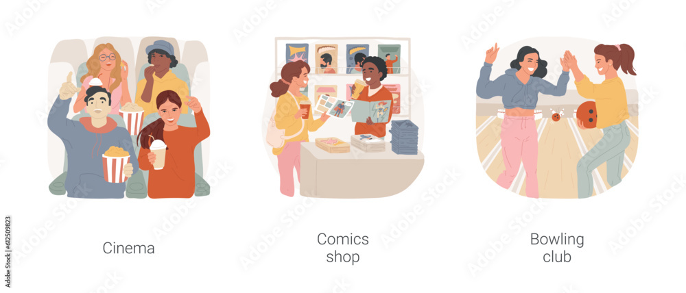 Teenagers outings isolated cartoon vector illustration set. Hanging out ...