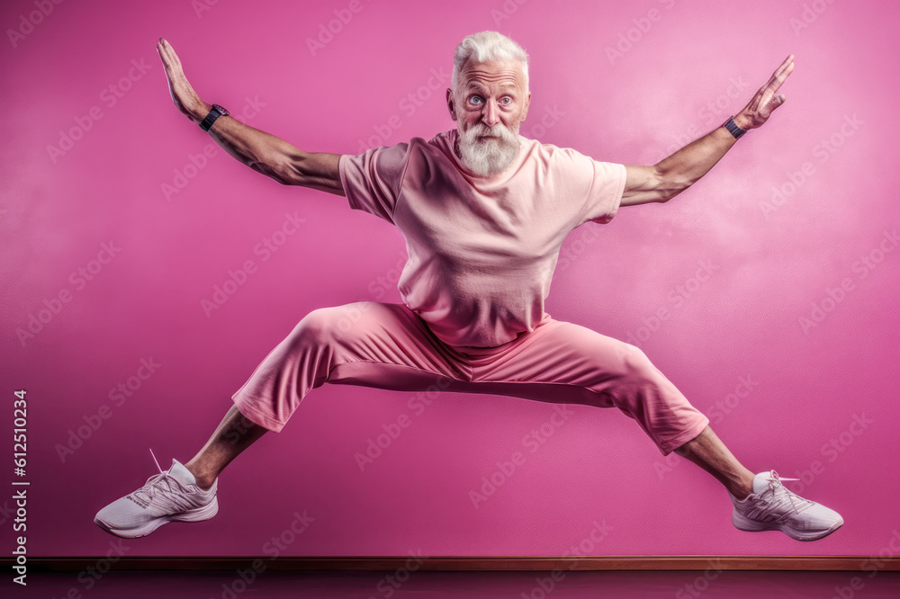 Elderly senior man jumping in dynamic pose, floating in midair, pink ...