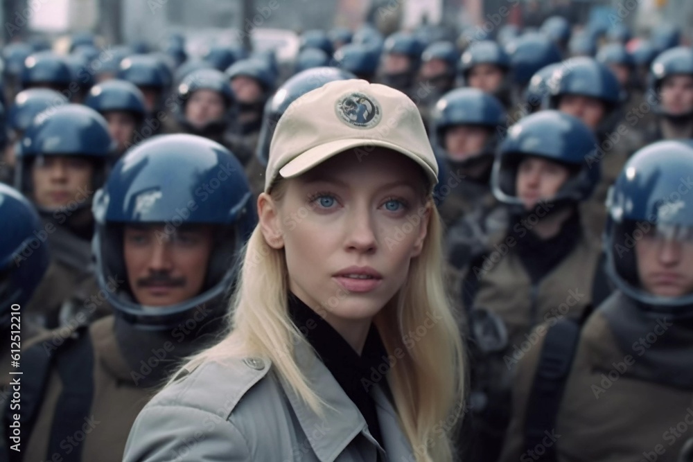 beautiful blonde soldier in a hat,spy villain aliens on watch, police ...
