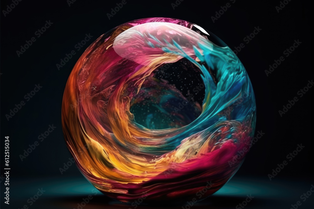 Swoosh of colors. Liquid colors swoosh in a transparent orb. spinning ...