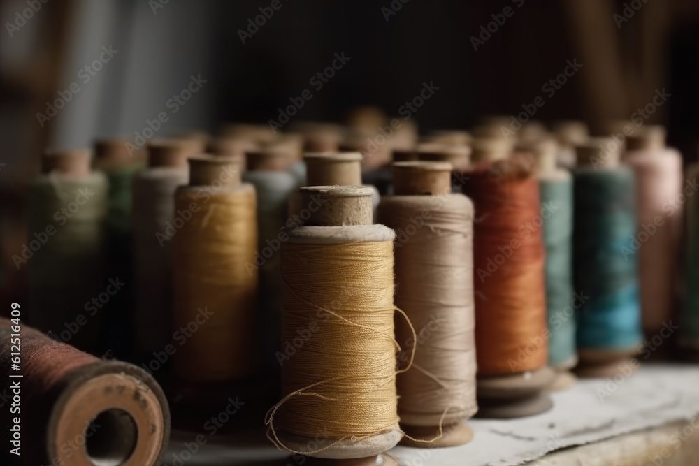 Color selection in textiles. Earthy colors. Large spool of colored ...