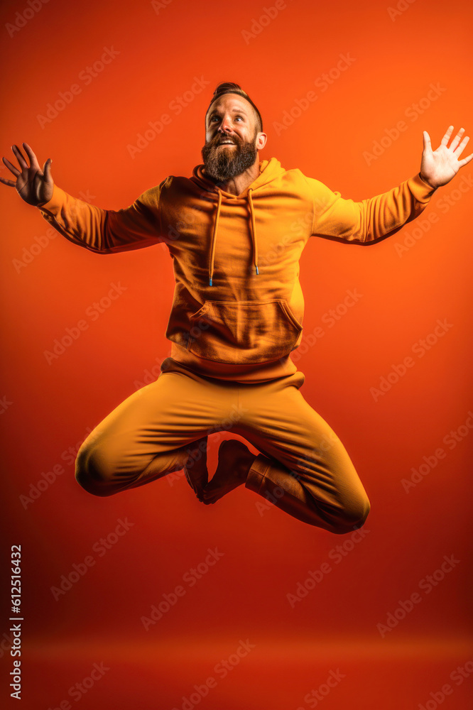Man jumping in dynamic pose, floating in midair, wearing yellow jacket ...