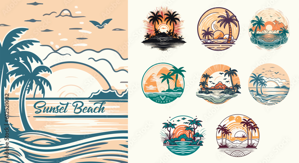 Summer beach island with palm trees in the ocean. Vector emblem of ...