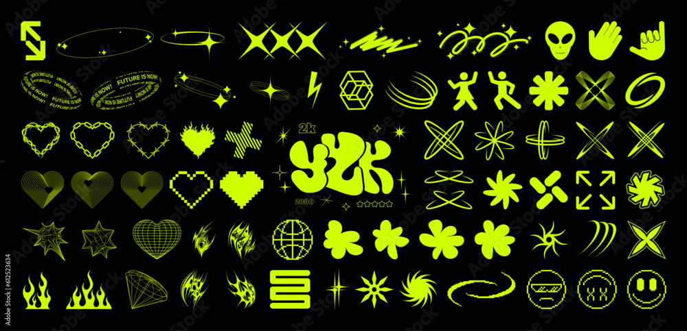 Acid retro Y2K icons and elements. 3D geometric shapes and ...