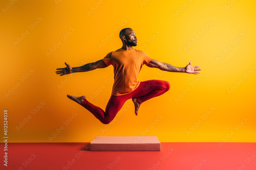 Athletic man jumping in dynamic pose, floating in midair, wearing short ...