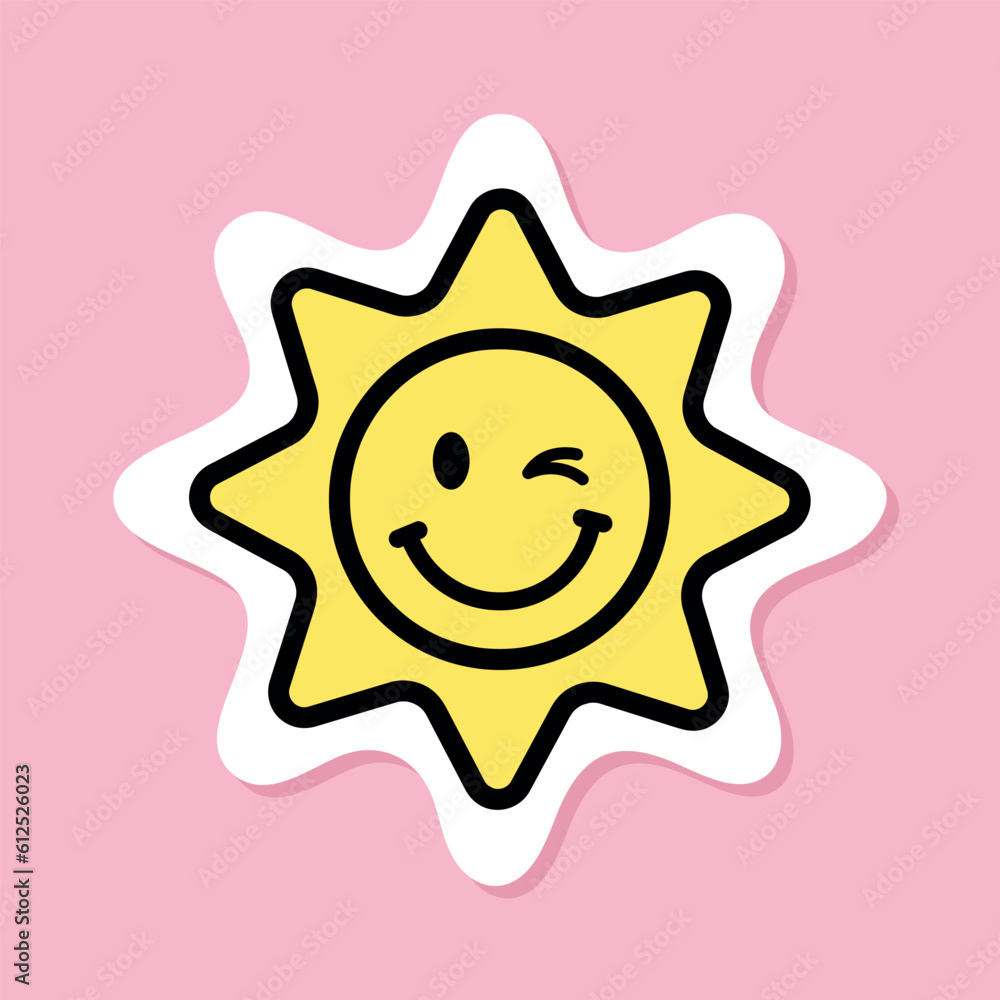 winking sun sticker, yellow symbol with black outline, cute smiling sun ...