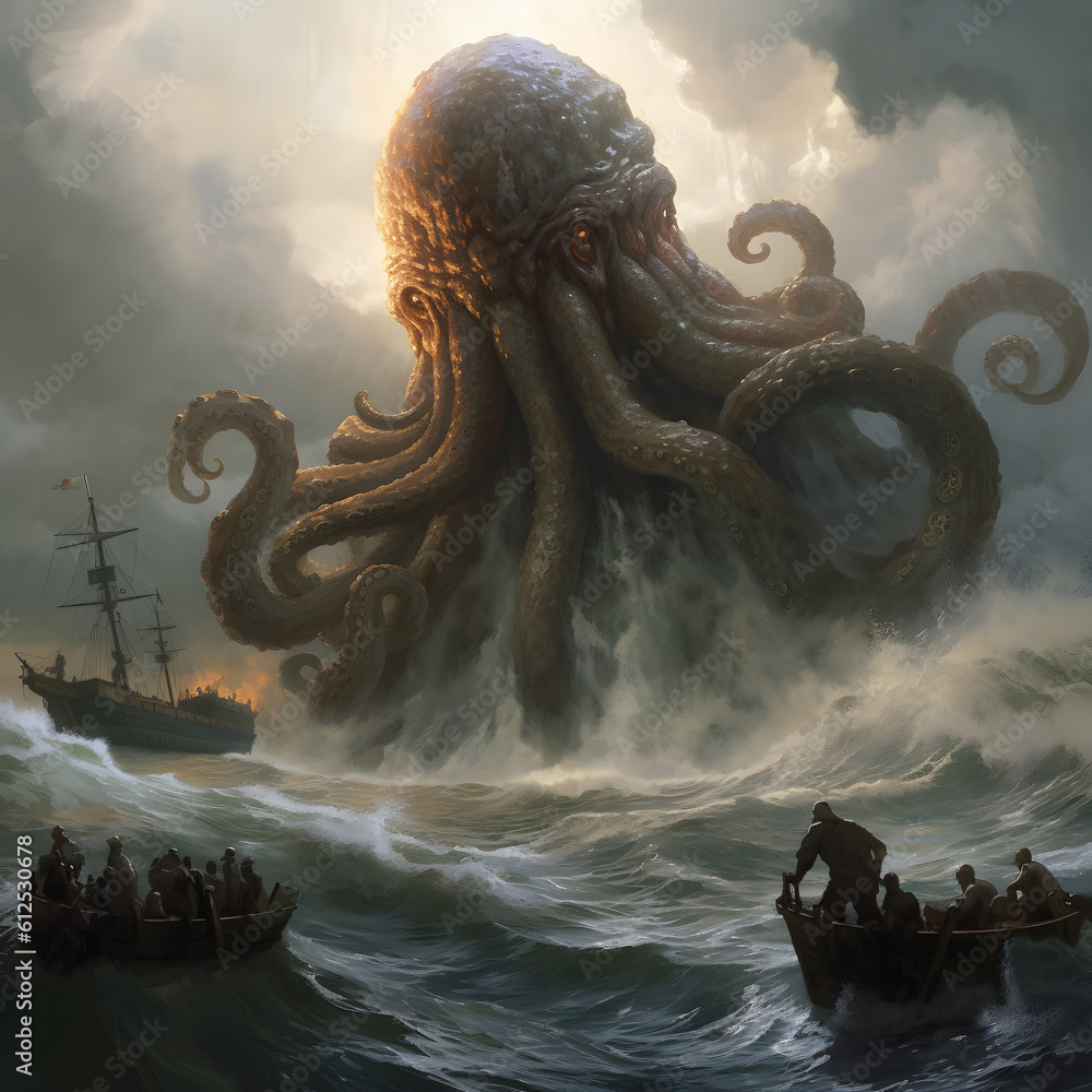 Massive kraken attacking sailing ships in the ocean. Generative AI ...