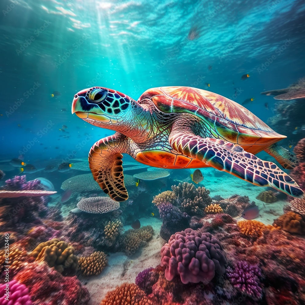 Sea turtle underwater photography portrait. Clear ocean water diving ...