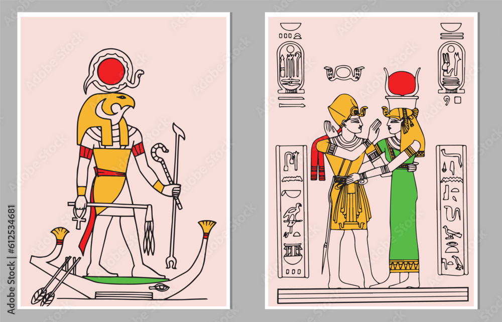 Ancient pharaoh Tutankhamen, queen Cleopatra (Nefertiti), god Horuse ...