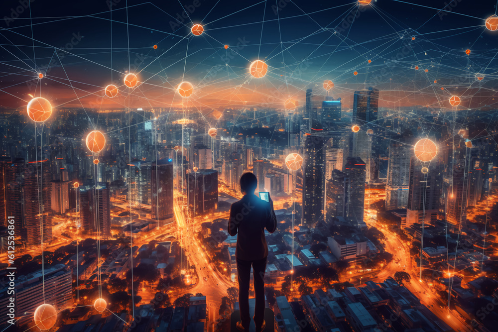 Artificial intelligence looking at smart city, AI control city ...