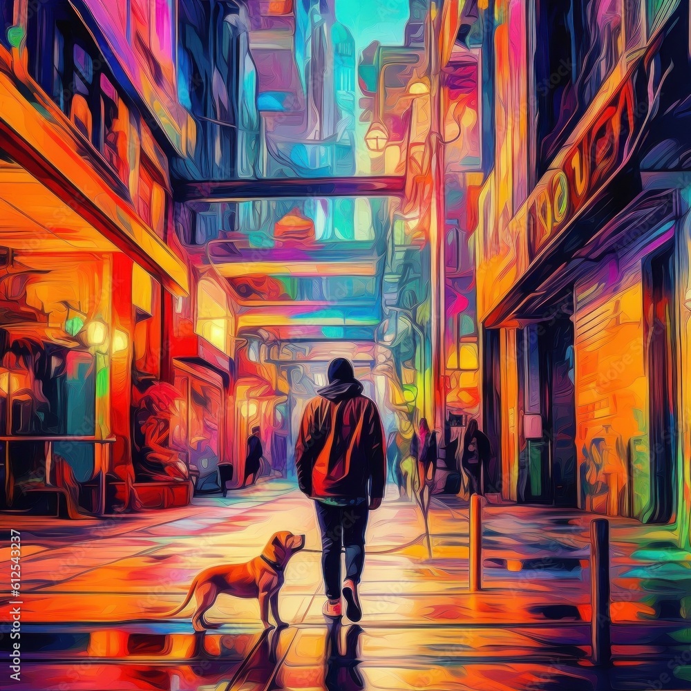 A Man Walking A Dog Down A City Street Generative AI Image Stock a-man-walking-a-dog-down-a-city-street-generative-ai-image-stock