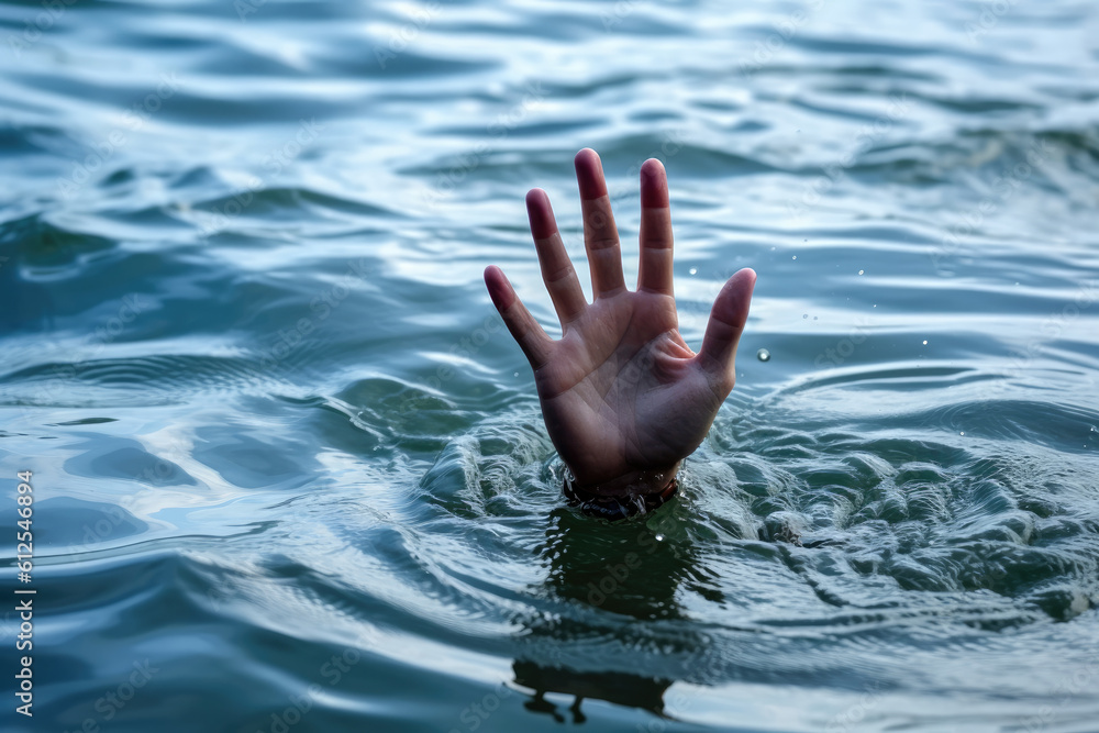 hand in sea asking help. person drowning and sinking. generative ai ...