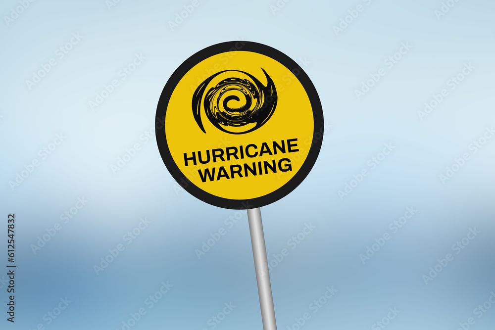Hurricane warning signboard with blur blue background. Cyclone and ...