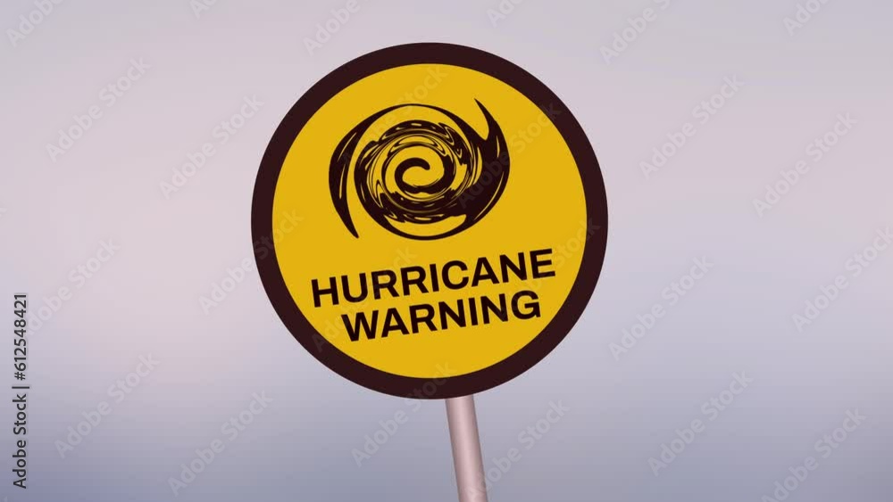 Hurricane warning signboard 4K Animation with blur background. Red ...
