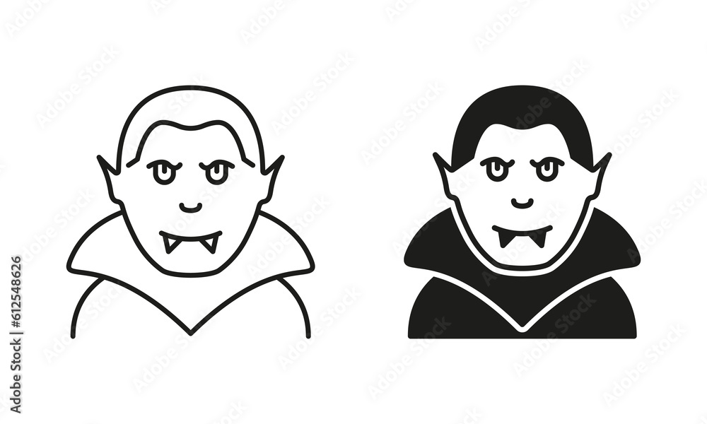 Scary Dracula Line and Silhouette Black Icon Set. Vampire Halloween ...