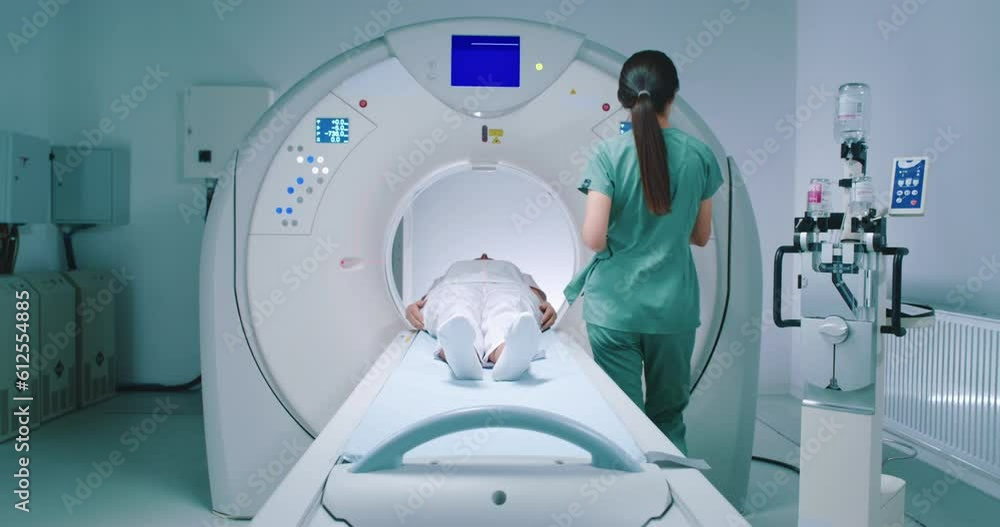 Shoot of equipped tomography chamber. Woman after magnetic resonance ...