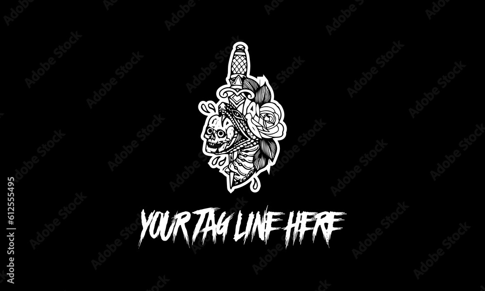 Vector design artwork logo of snake biting skull with flower and sword ...