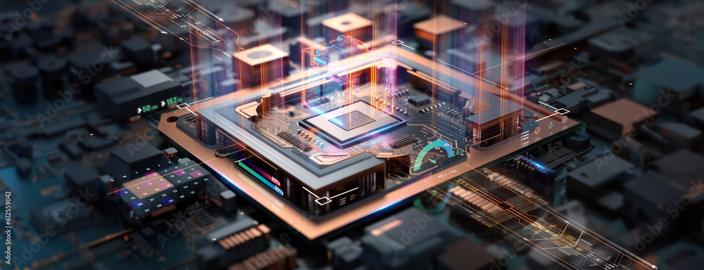 closeup on an advanced microchip or cpu of a powerful computer board ...