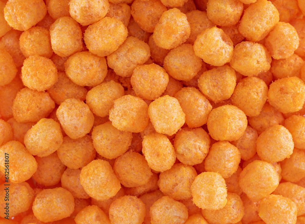 Cheese Corn balls. Texture, Pattern of Cheese flavored snack. Selective ...