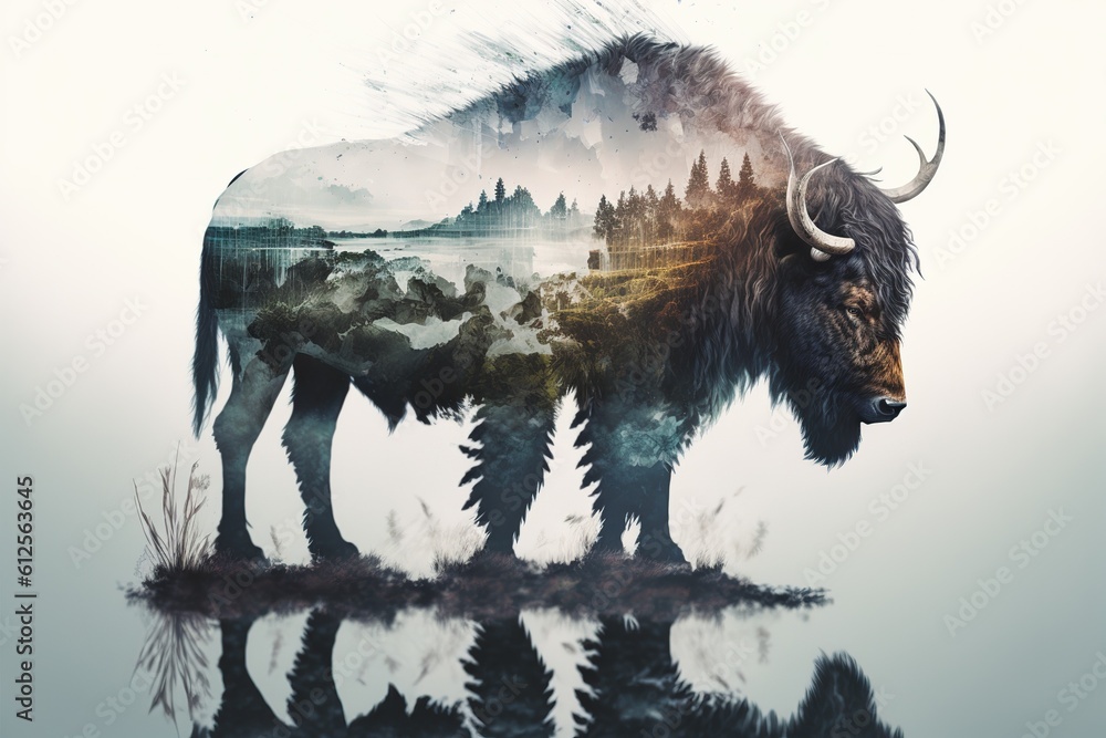American male bison grazing on grassland with double exposure ...