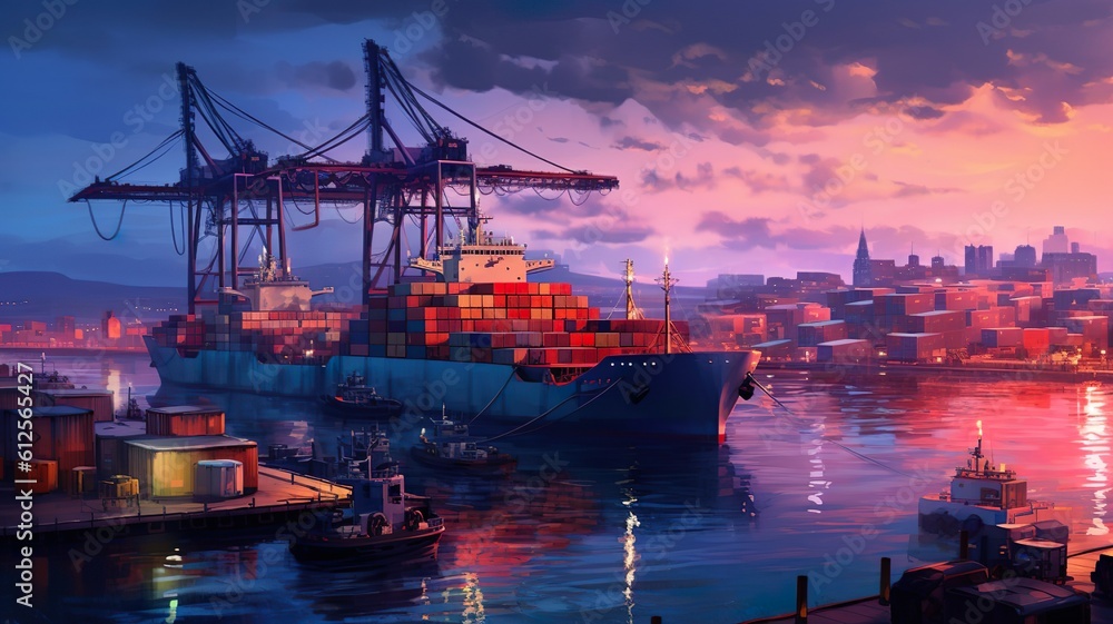Dusk's Maritime Tapestry: Vibrant and High-Energy Port with Ships in ...