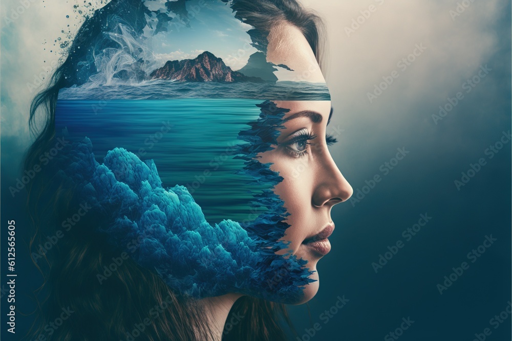 Double exposure woman portrait with natural freshness of seascape and ...
