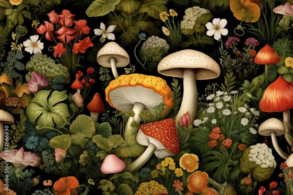 Cottagecore background wallpaper for fabric, image with mushrooms ...
